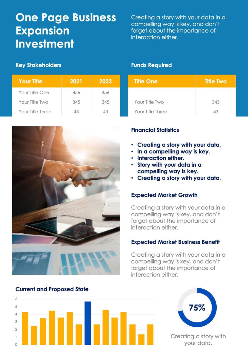 Yellow Business Expansion Investment One Page Summary Report Document – Infografolio