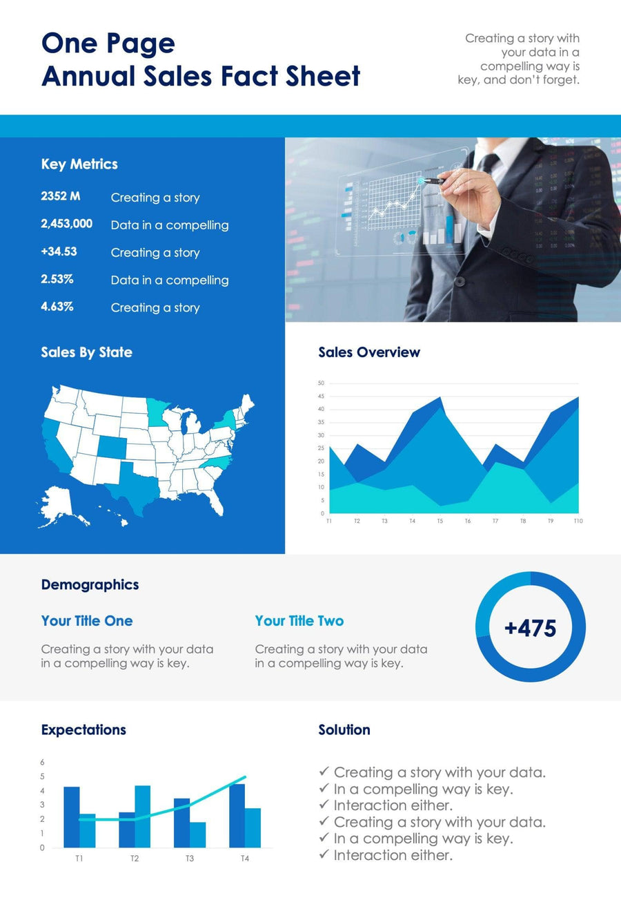 White and Blue Annual Sales Fact Sheet One Page Summary Report Documen ...