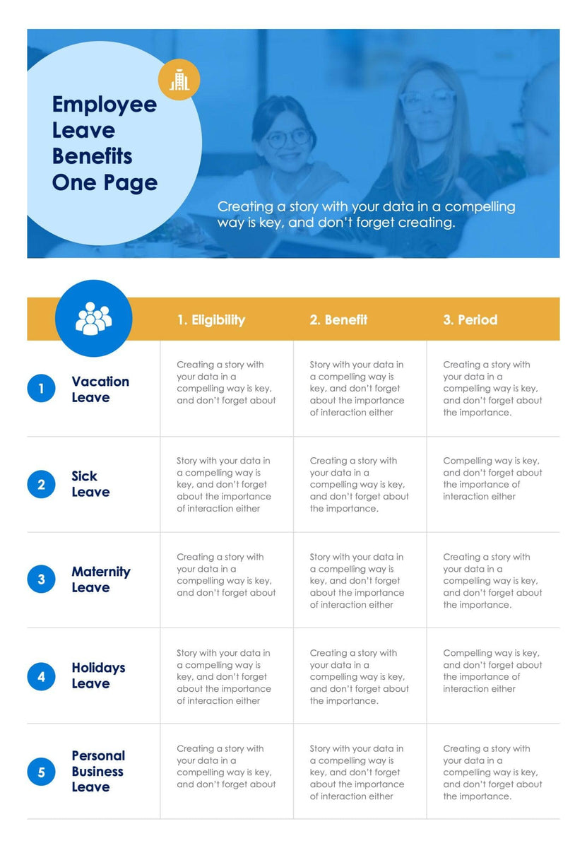 Blue Yellow Employee Leave Benefits One Page Report Document – Infografolio
