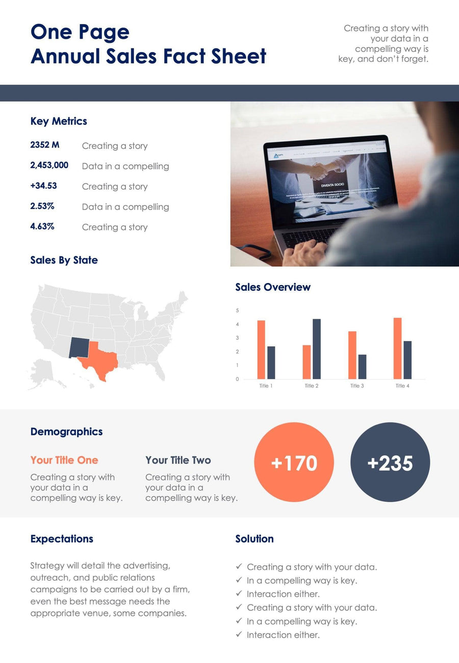 White One Page Annual Sales Fact Sheet Document Report | Infografolio