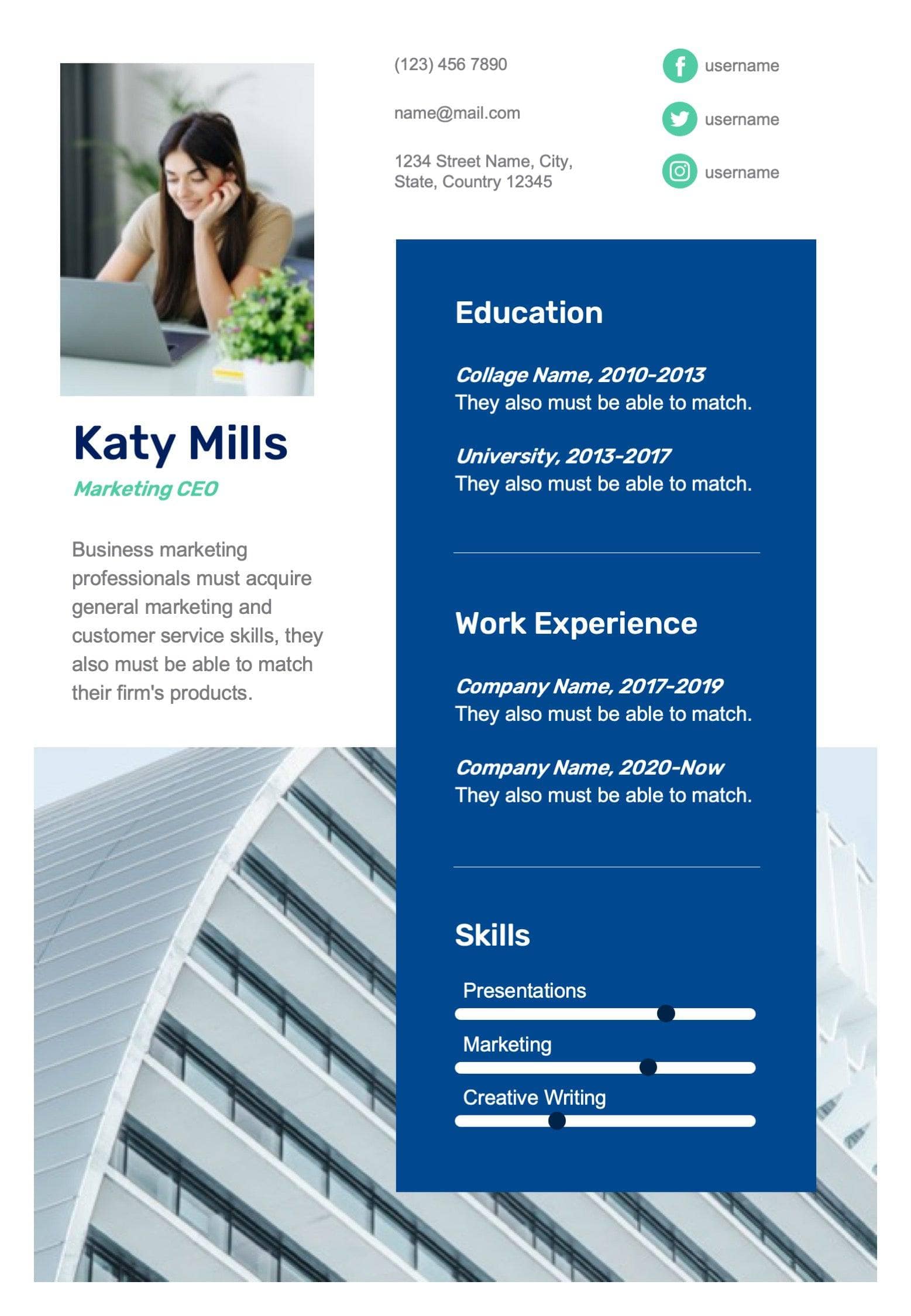 Blue and Green Modern Resume Template | Infografolio